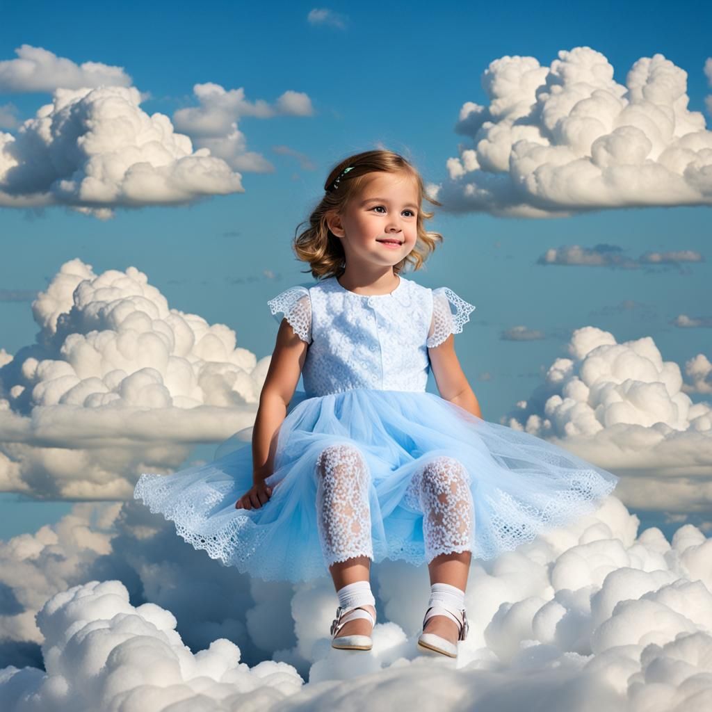 Little girl in sangallo dress, sitting in clouds, in sky blue , sun day ...