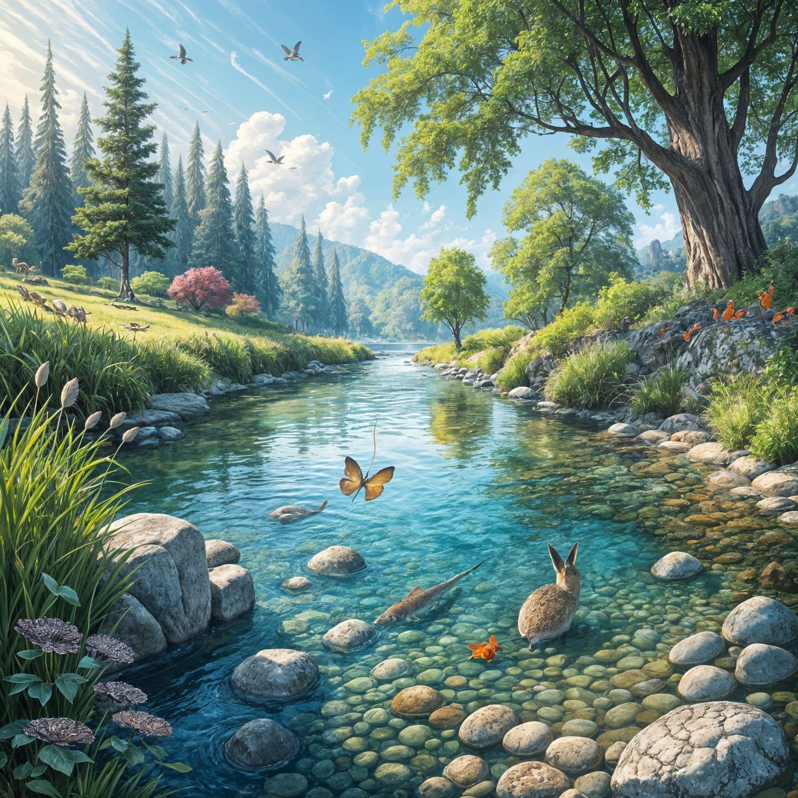 Crystal Clear River Scene with Lush Greenery and W... - AI Art