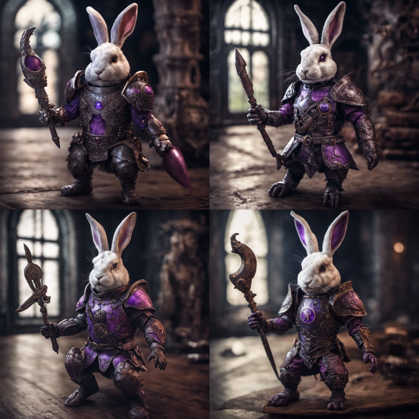 A humanoid bunny rabbit in leather armor. He is holding a small purple ...