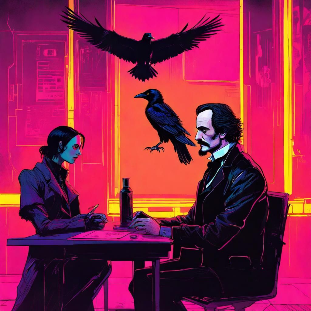 Poe with Raven Discussing Crows - AI Generated Artwork - NightCafe Creator
