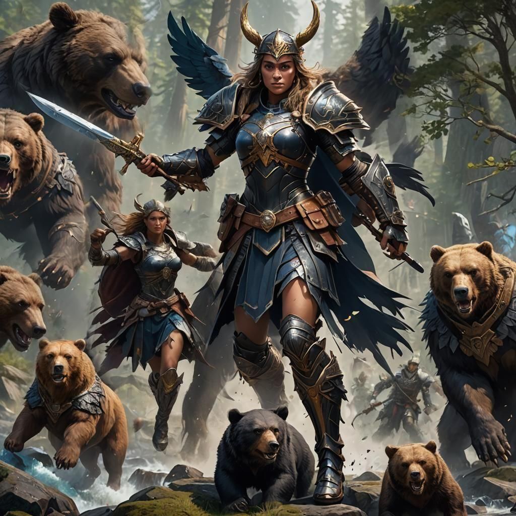(valkyrie conquering bear;1.4), (shoreline,1.1), (detailed masterpiece;1.5), (minimal armor;1.3 ...