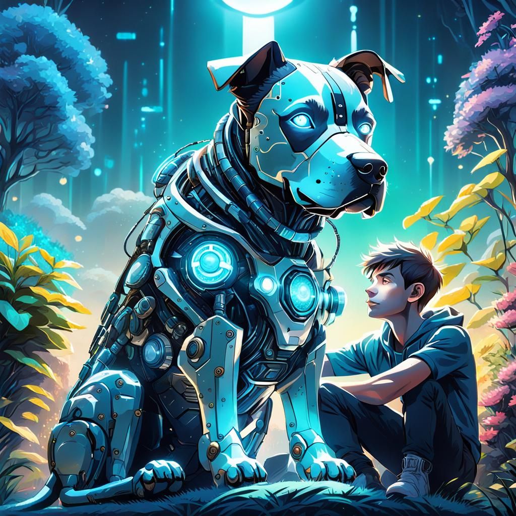 ((a Human Boy is seen cuddling his Cyborg Dog with affection, the dog ...