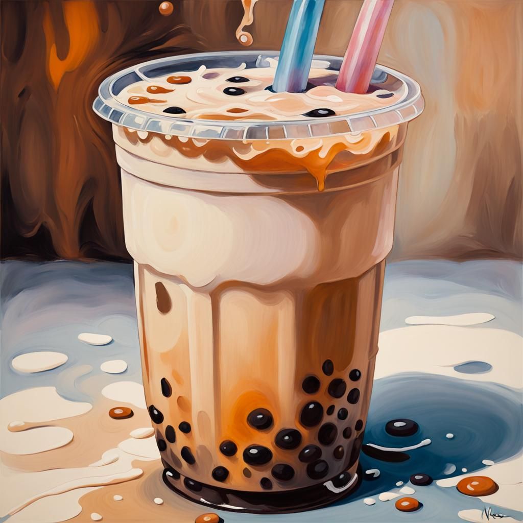 The perfect Bubble tea, boba, milk tea , watercolors, painted, splash ...