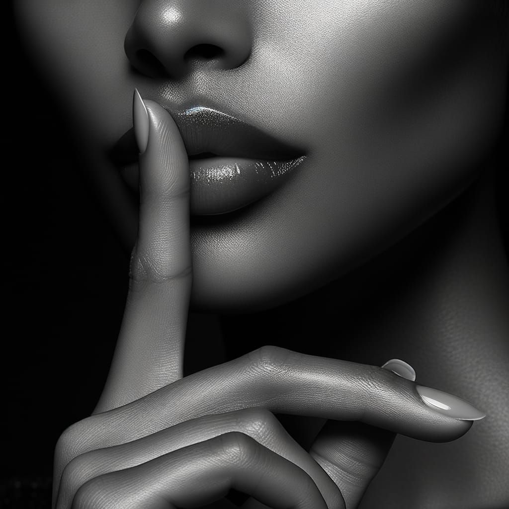 Enigmatic Woman in Shush Pose, Hyperrealistic Blac... - AI Art