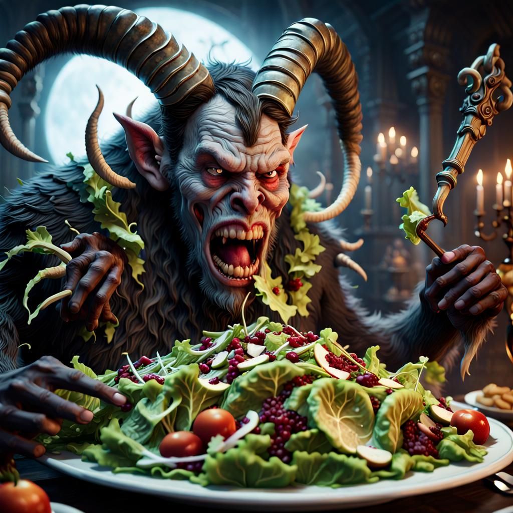 Krampus eating a huge salad, detailed matte painting, deep color ...