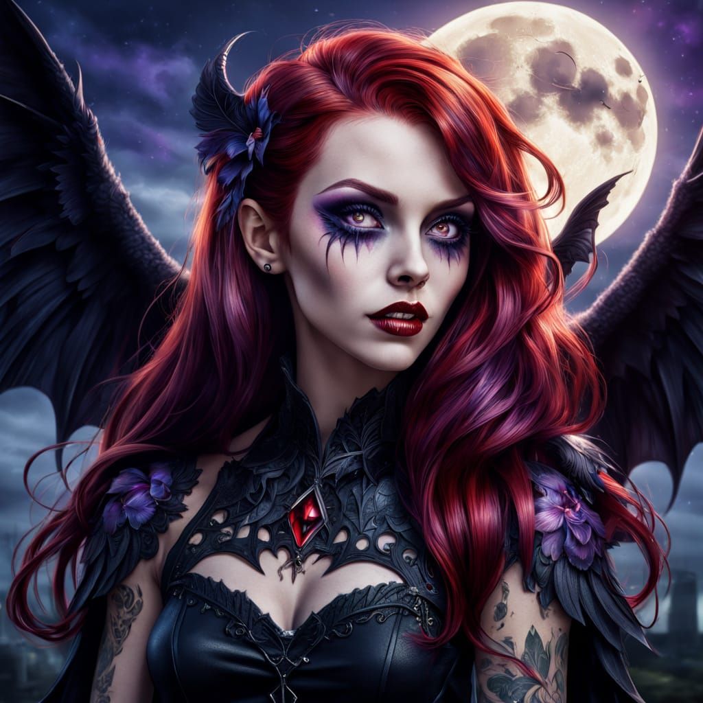 A tattooed pin-up vampire with very long red hair, black wings, long teeth, and a striking ...