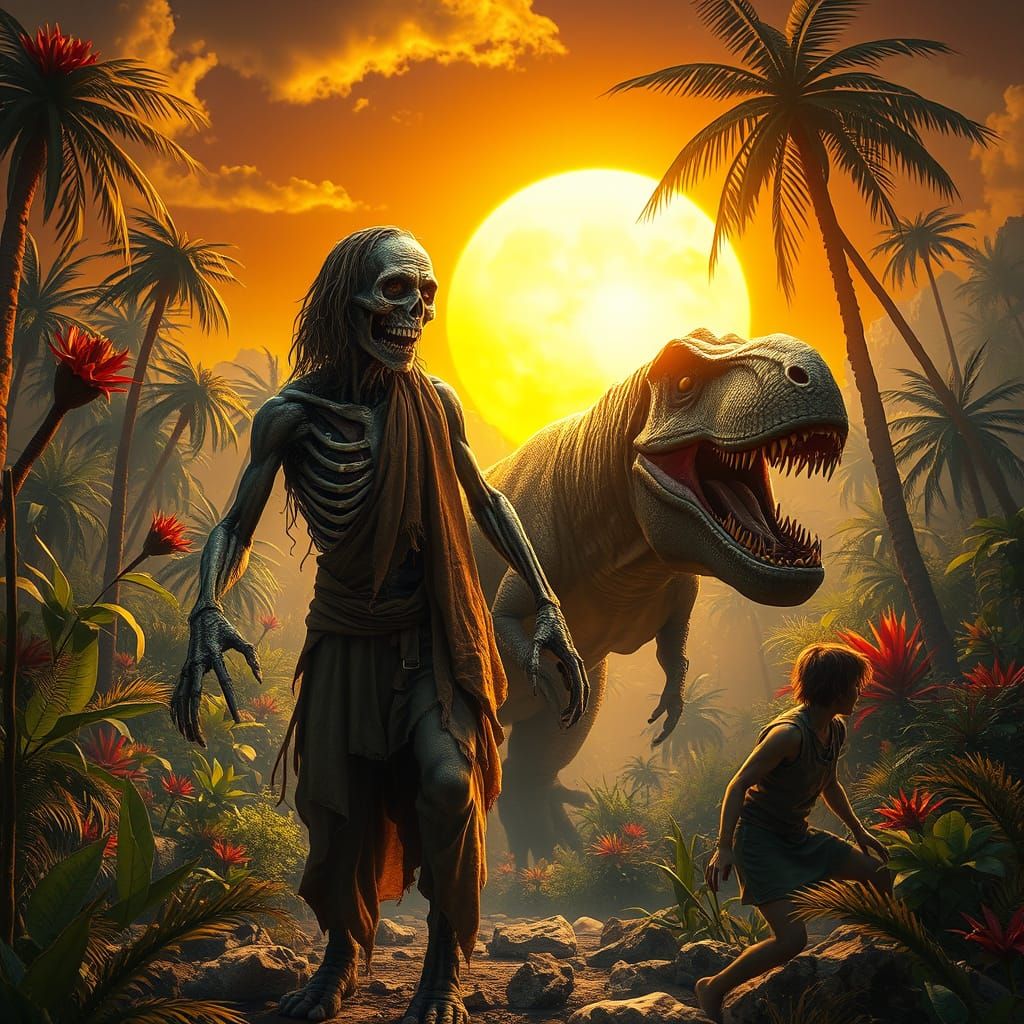 Undead Zombie Devoured by Colossal T-Rex in Lush P... - AI Art