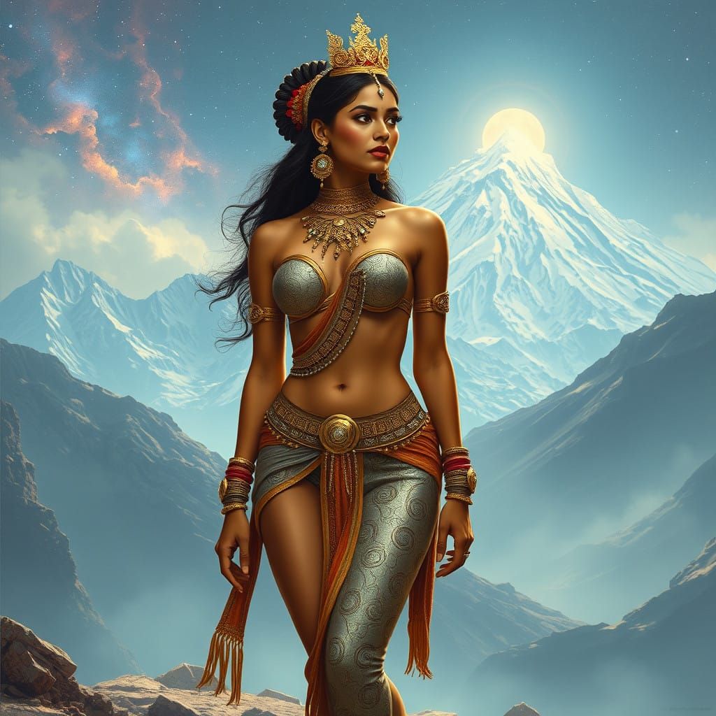 Celestial Indian Goddess Descends upon Mount Meru - AI Art