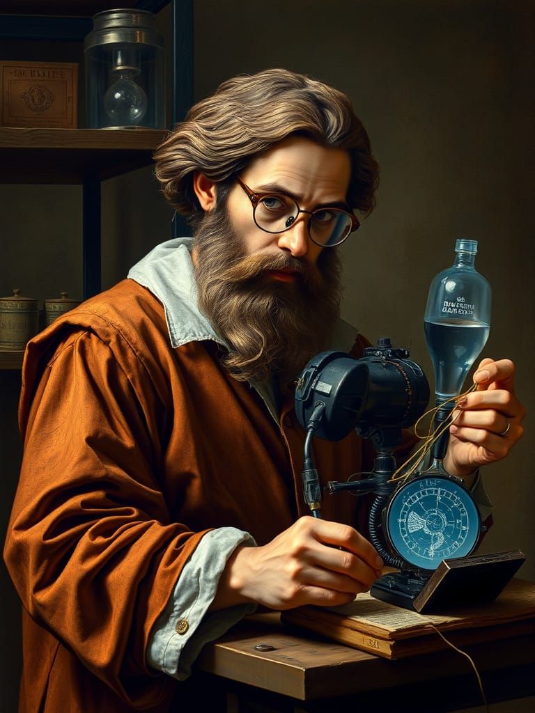 Leonardo da Vinci, as a future Scientist, inventing electronic device.