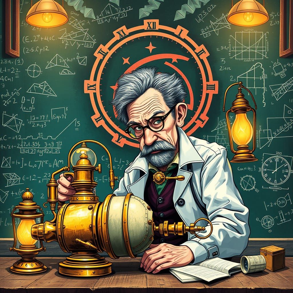 crazy scientist inventor at work: testing a time machine, with a ...