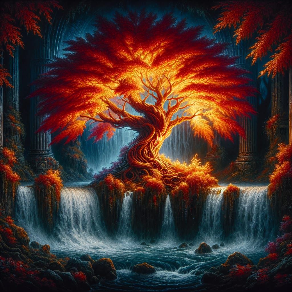 Dark Fantasy Tree in Fiery Oil Painting - AI Art