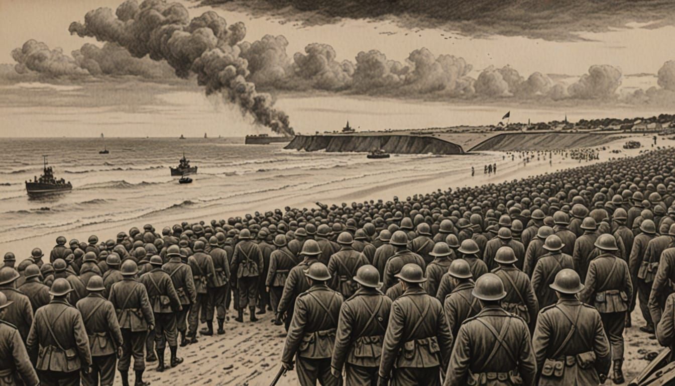 Omaha Beach D-Day LST View in Charcoal Drawing - AI Art