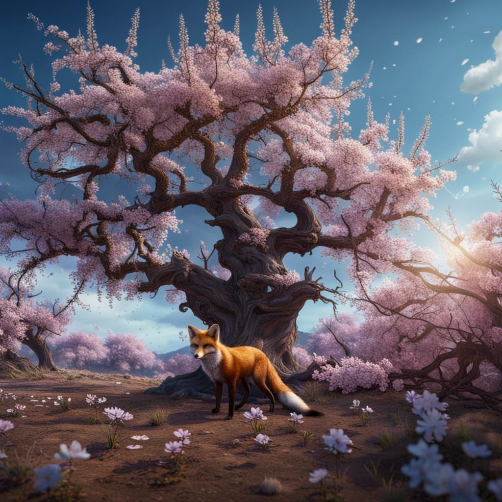 almond blossoms, tree, fox, chicory - AI Generated Artwork - NightCafe Creator