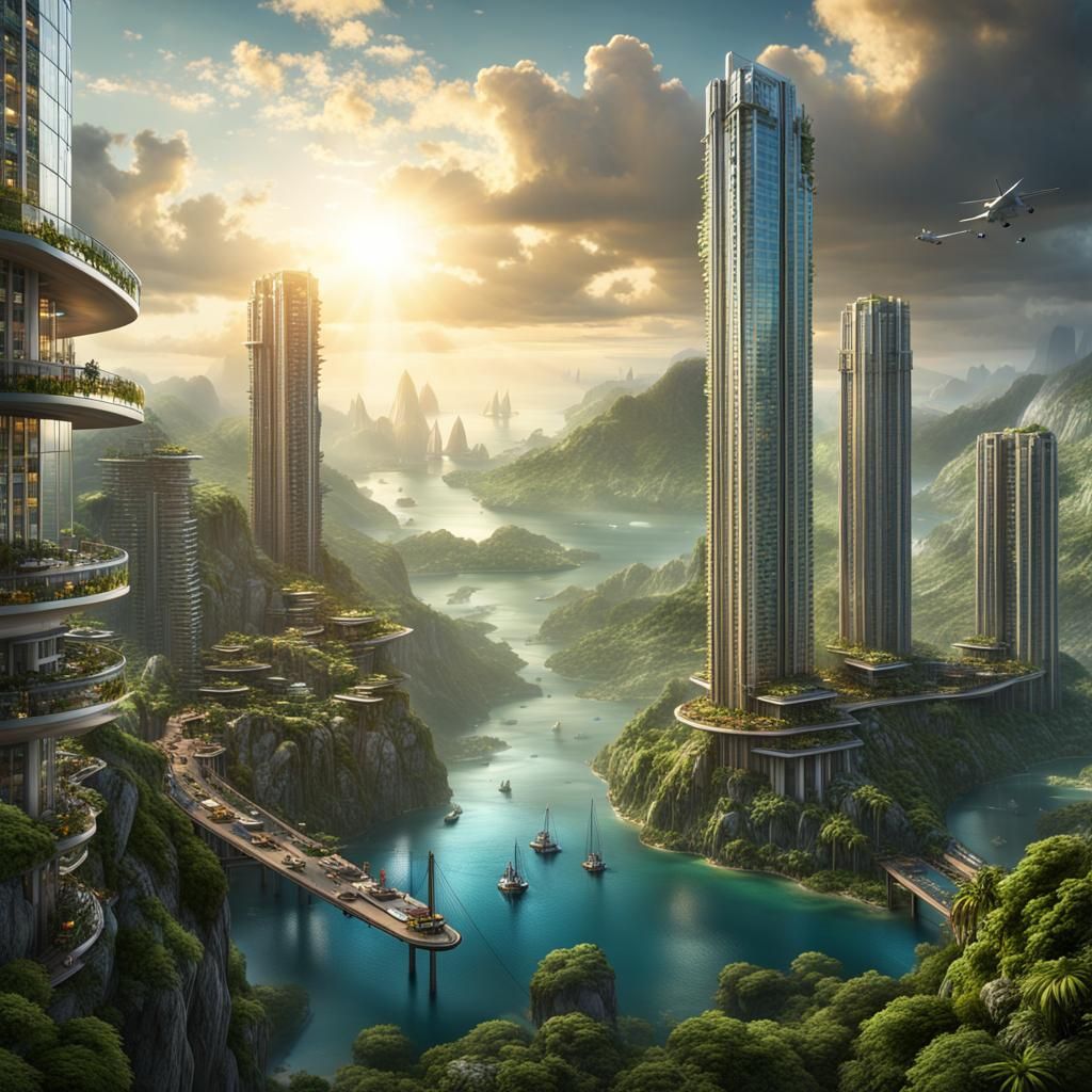 solarpunk high rises climbing out of jungle, wraparound balconies ...