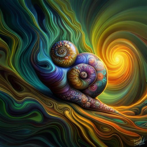 A psychedelic snail with its shell full of twisted flowers and colors ...
