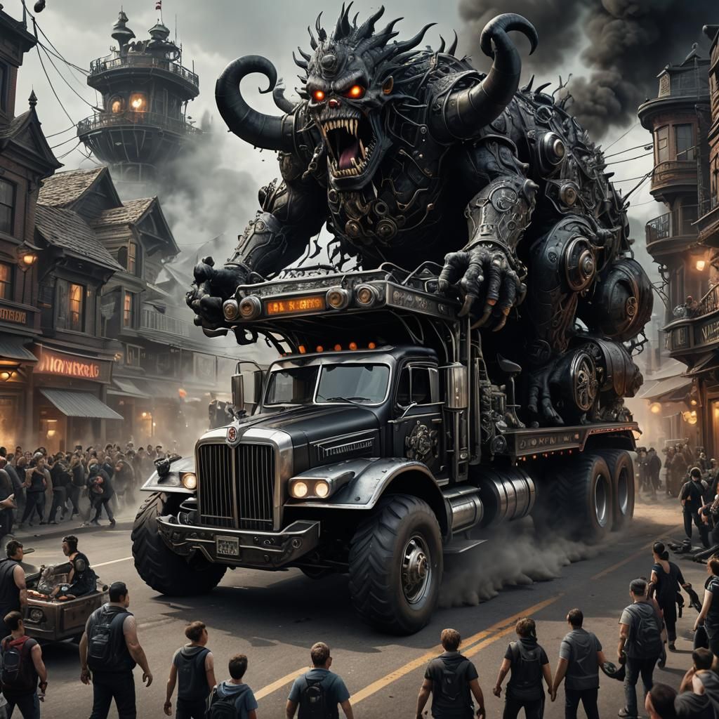 Steamboat punk scary black and silver truck with monster driving over ...