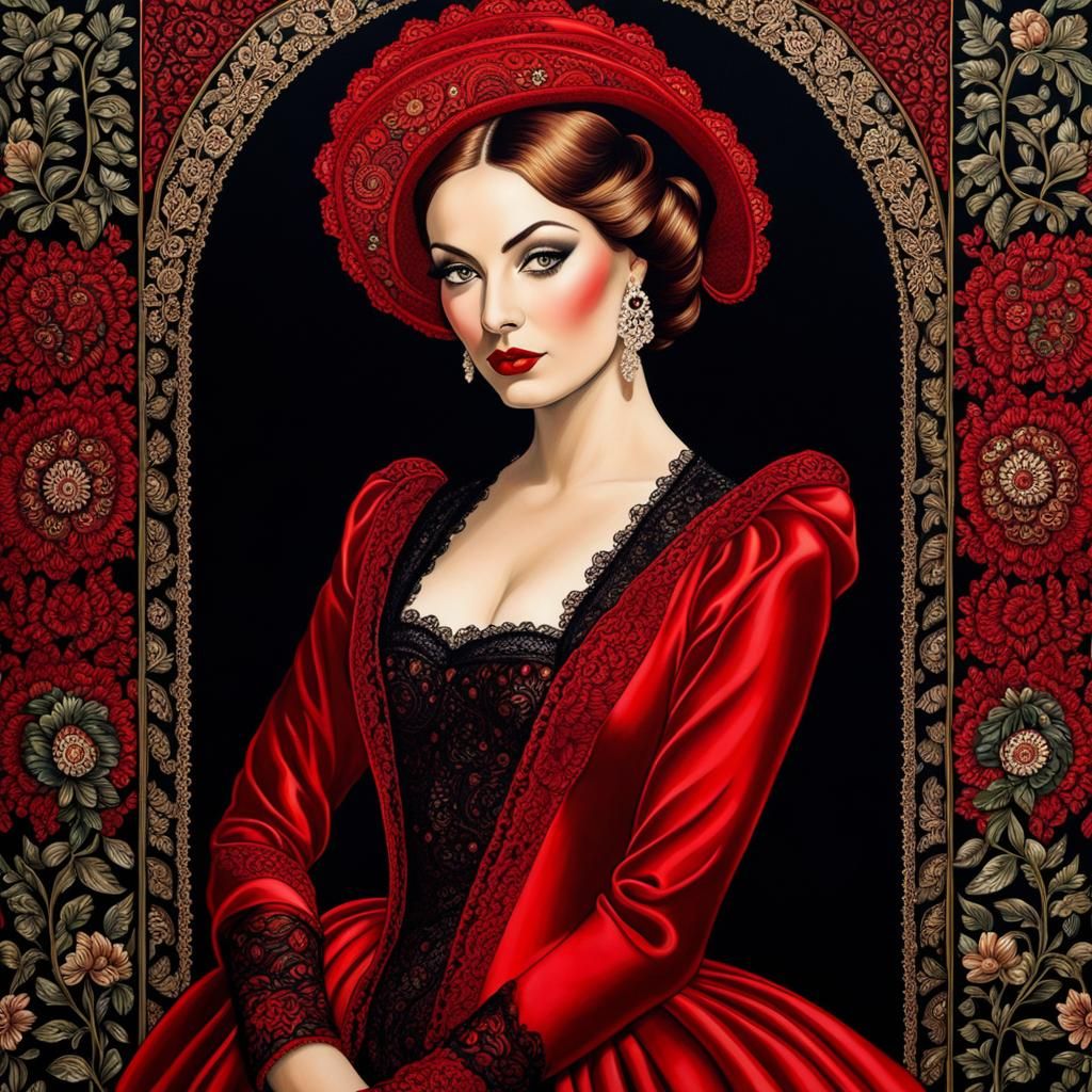(((Beautiful kady dressed in deep red satin And lace ))) , Zentangle ...
