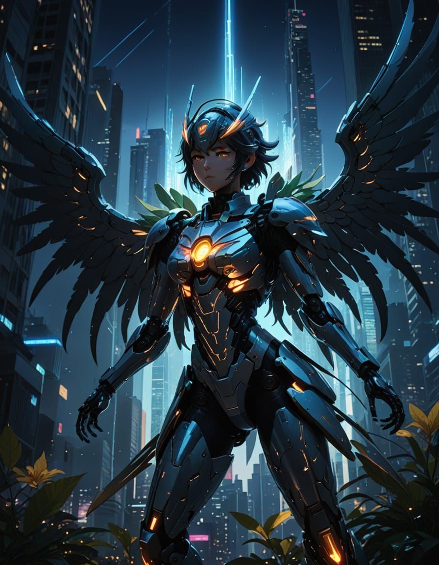 Cyberpunk Mecha Angel Soars Over Futuristic City i... - AI Art