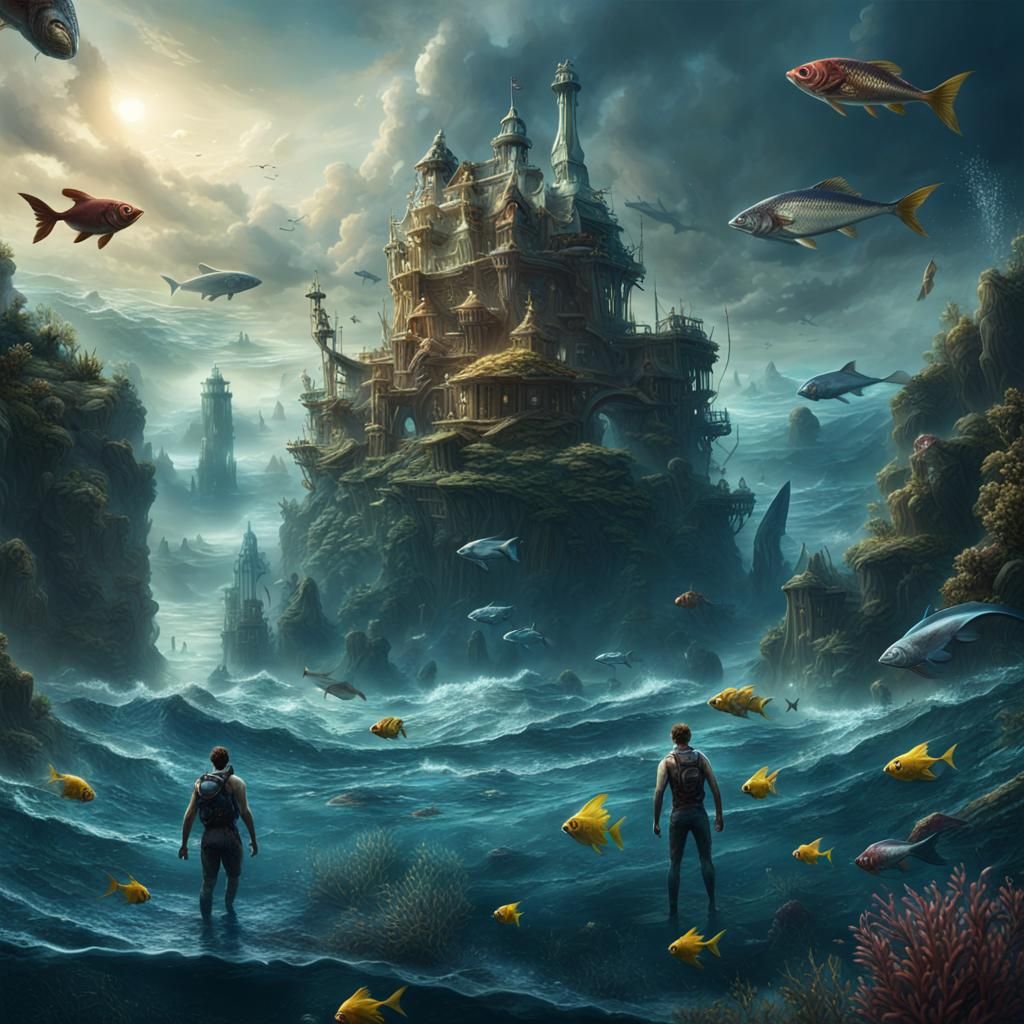 Make a movie poster about humans living in the ocean and fish living on ...