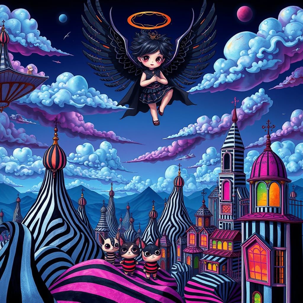 A cubism goth angel hovers amidst a surreal landscape of black and ...