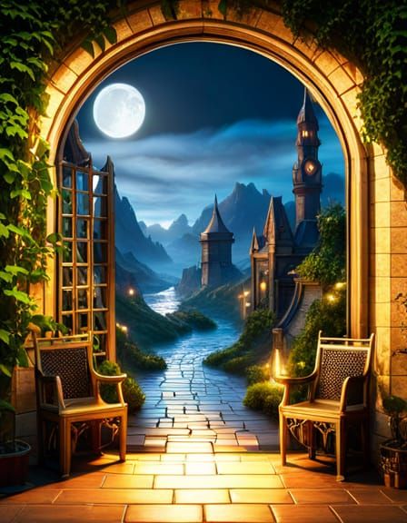 Intricately designed magical Window to a fantasy world, Storybook style ...