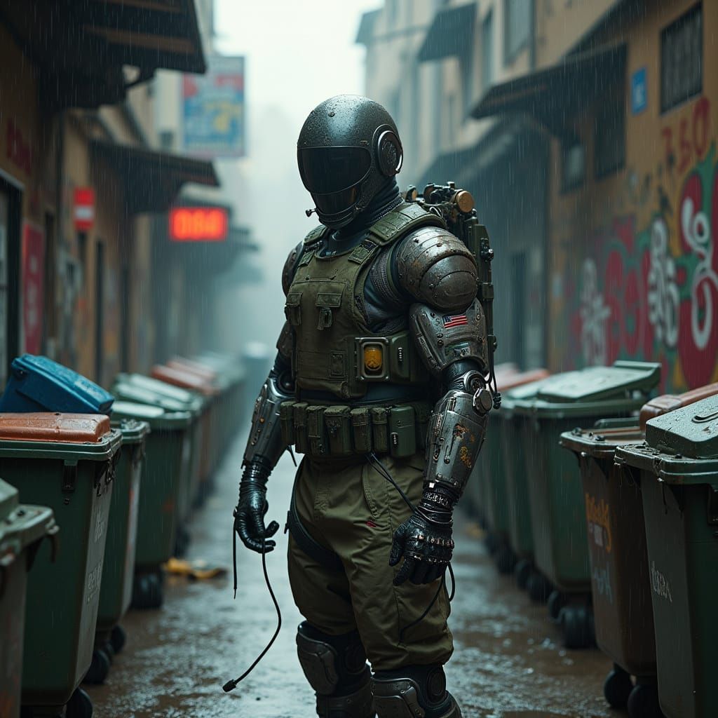 Cyborg Detective in Rain-Soaked Cyberpunk Alley - AI Art