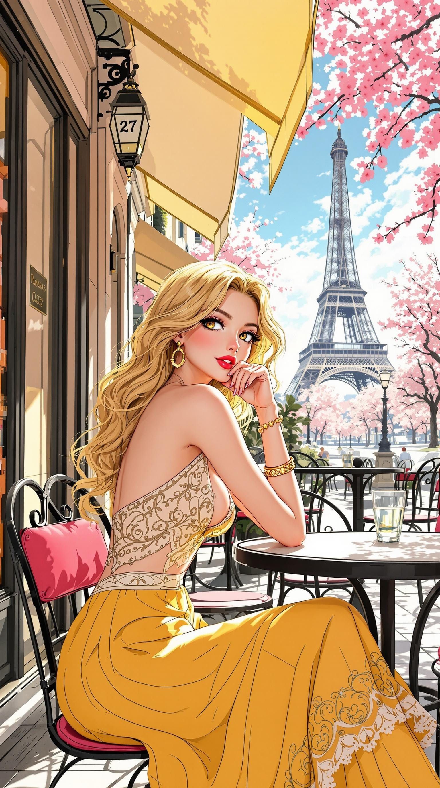 Paris blooms in light, golden silk and cherry trees, soft breeze, fleeting glance.