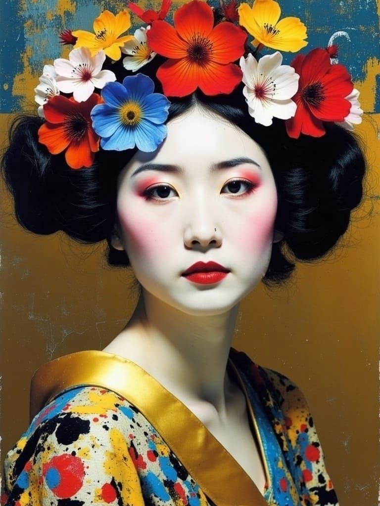 Japanese Geisha in Vibrant Cherry Blossom Crown - AI Art
