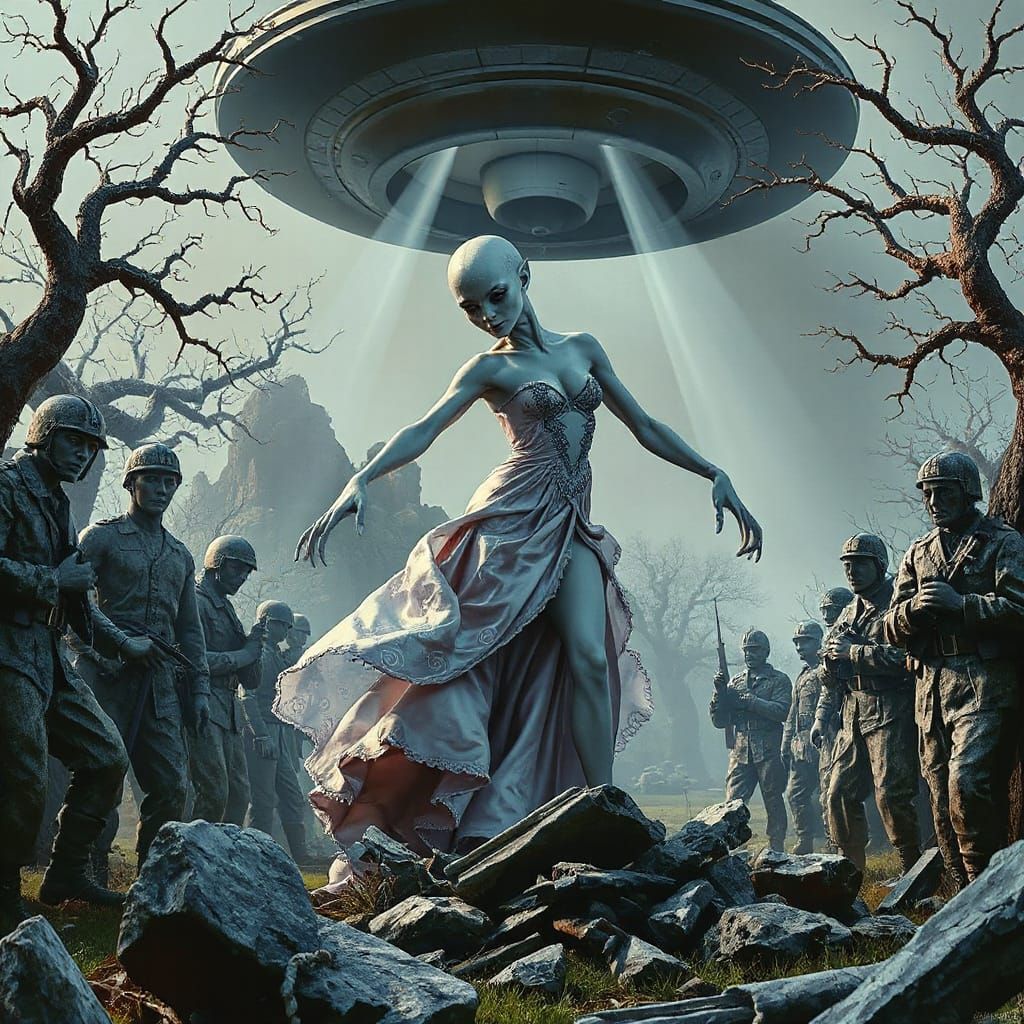 A humanoid alien, suspended in stone, stands statuesque amidst the ...