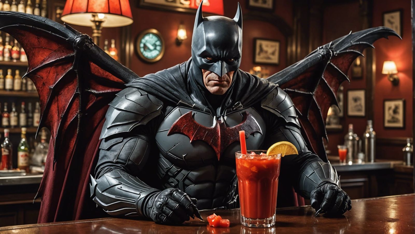Batman drinking bloody Mary drinks, at Sam´s Bar. - AI Generated ...