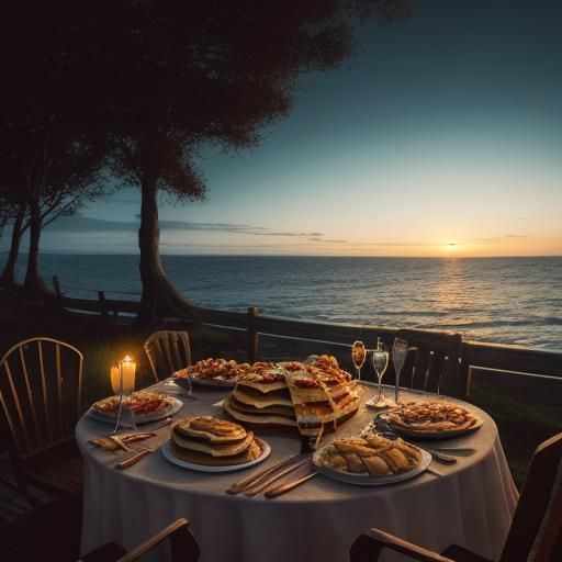 a romantic pancake picnic by the sea golden hour long exposure epic ...