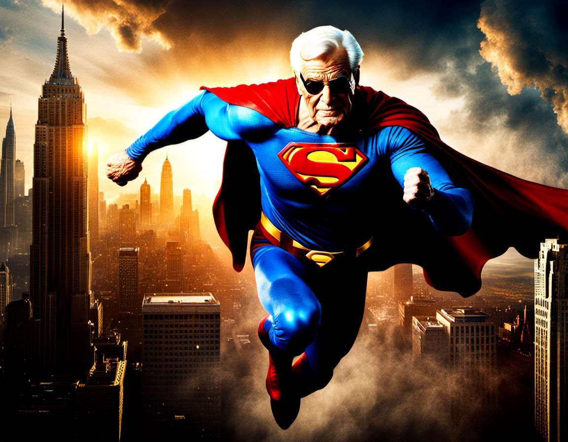 90 year old senior citizen superman with a B logo on his chest, flying ...
