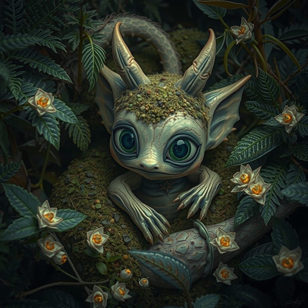 Image is a fantasy-style digital artwork featuring a small, mythical ...