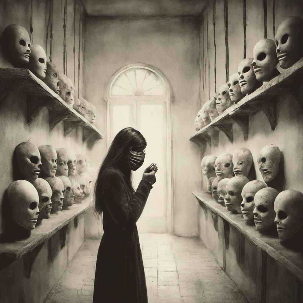faceless woman choosing a maskbefore leaving her home - AI Generated ...