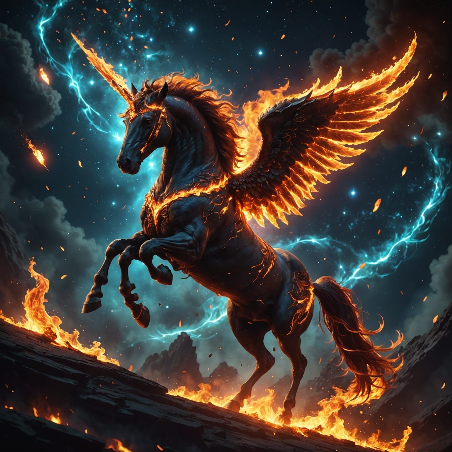 Fantastical Fire Pegasus Soars Through Cosmic Flam... - AI Art