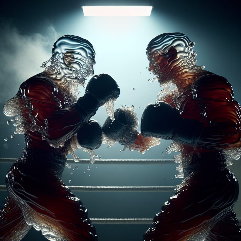 A slow-motion close up action scene, two boxers engage in a fierce ...