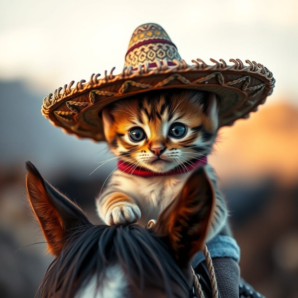 Hello up there - Kitten in Sombrero Riding Toy Horse, Digita...