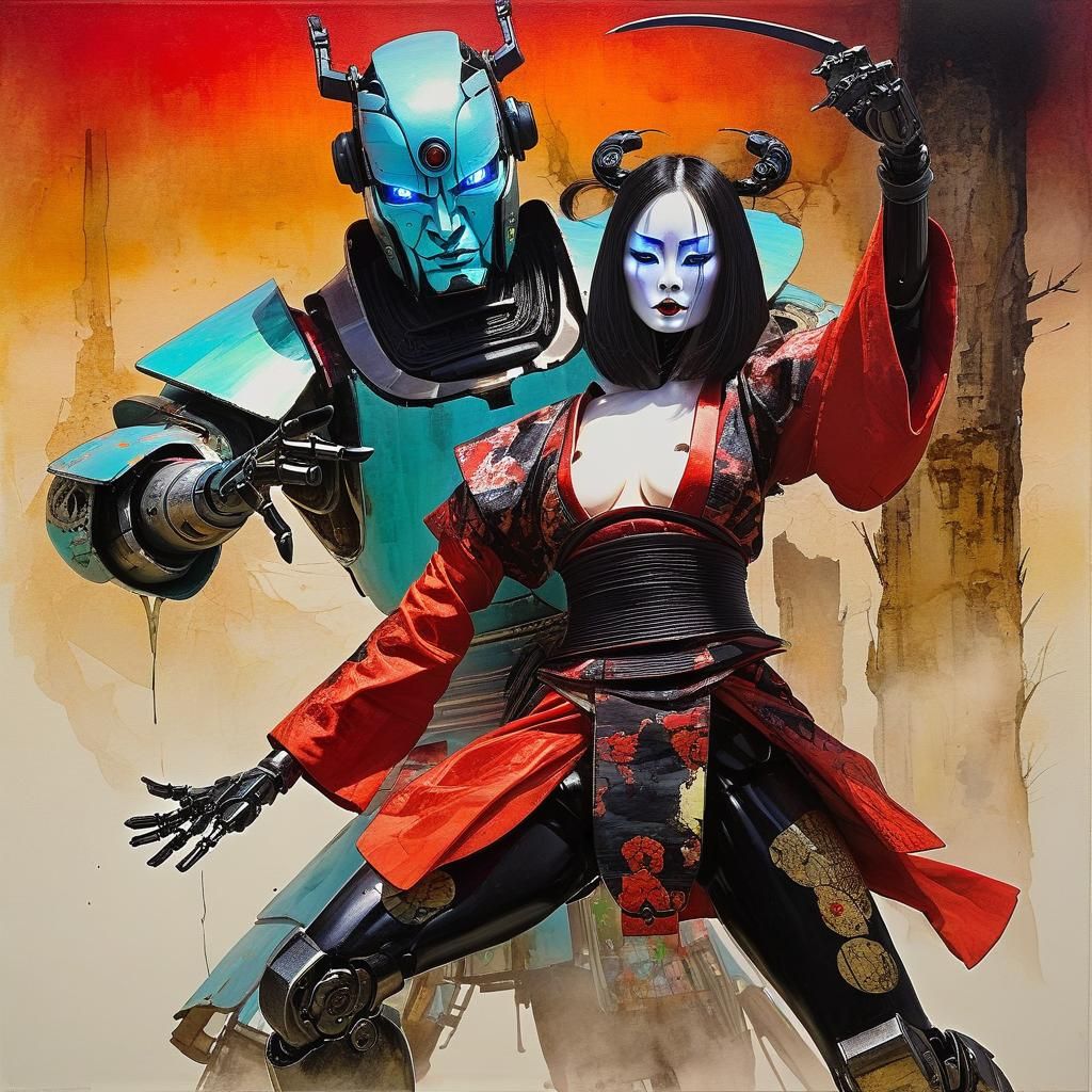 Kabuki performer fighting evil robot warlock, Stonehenge, alcohol ink ...