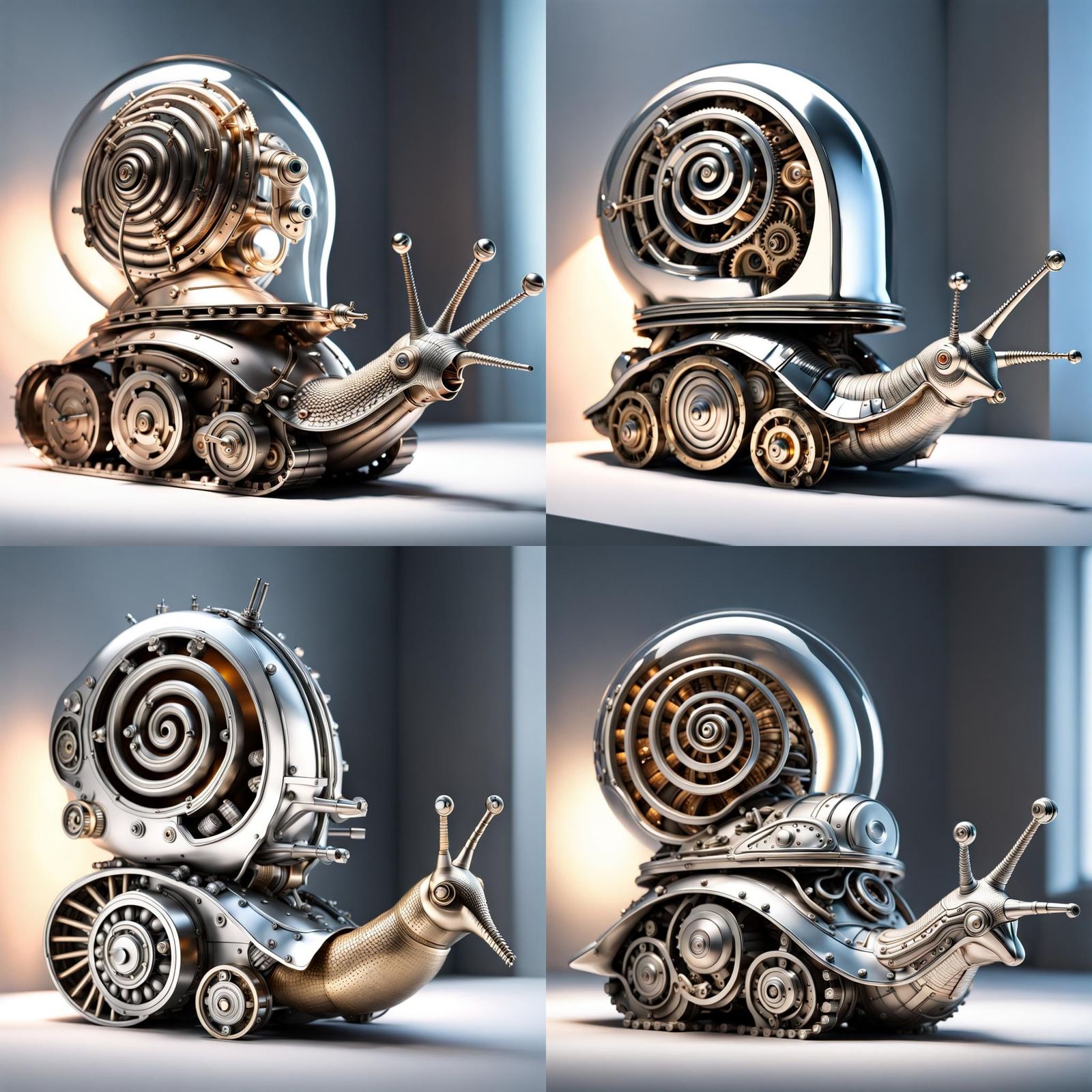 A MECHANICAL SNAIL WITH TANK TRACKS intricate hyperdetailed photorealistic polished volumetric ...