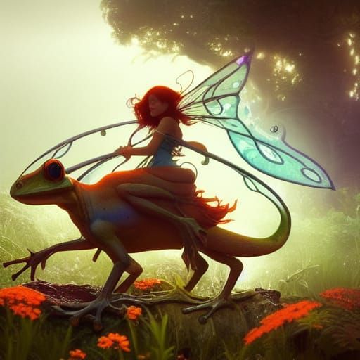 Fairies riding on frogs - AI Generated Artwork - NightCafe Creator