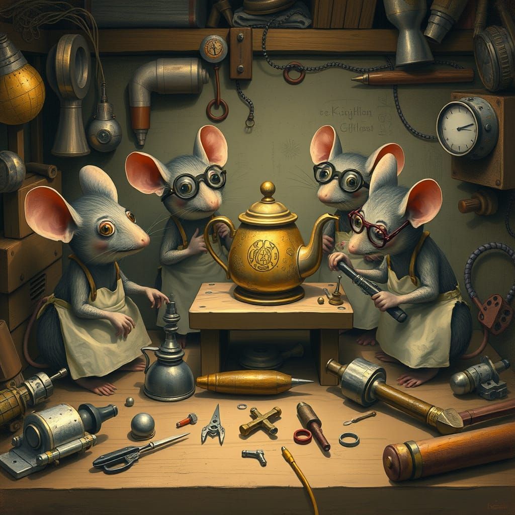 Whimsical Inventors at Work in Dreamlike Scene - AI Art