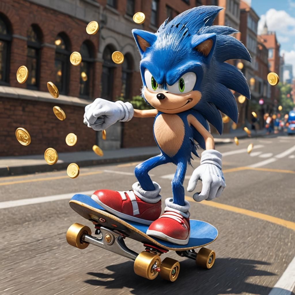 Sonic the hedgehog on a skateboard, whizzing through a loop-the-loop ...