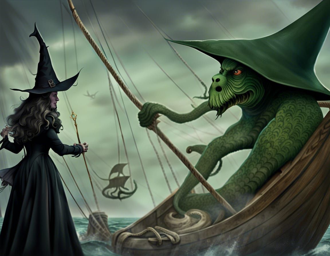 The wicked witch of the west battles the Kraken while at sea on a tall ...