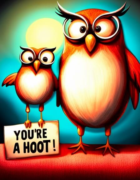 Sweet greeting-card image of Father and tiny daughter owls, daughter is ...