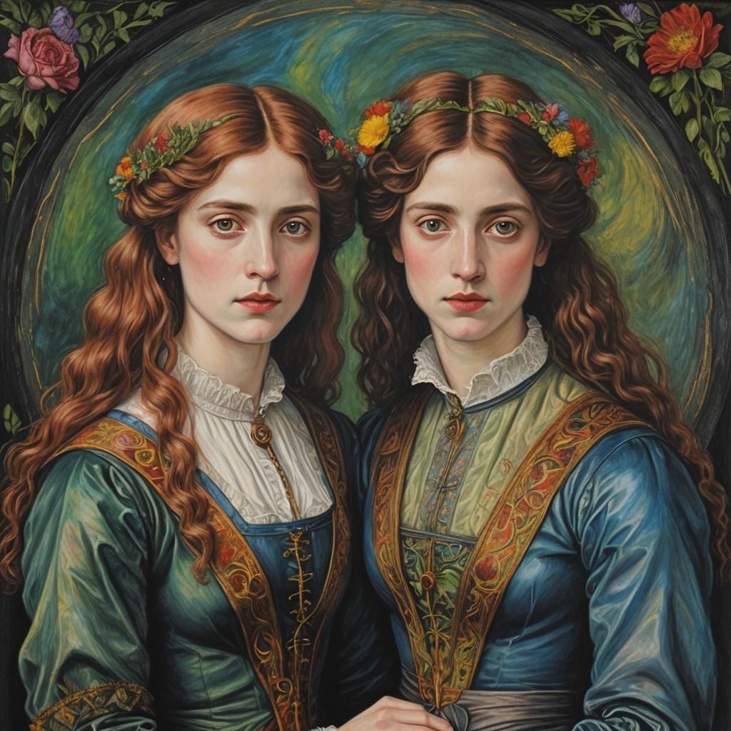 Portrait: Pre-Raphaelite ANDROGYNOUS LESBIAN COUPLE, blackhole, oil ...