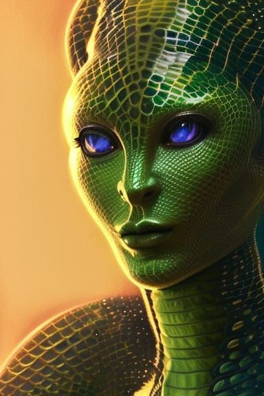 Green lizard alien woman. Sparkles. Warm tones. Baroque. Intricate ...