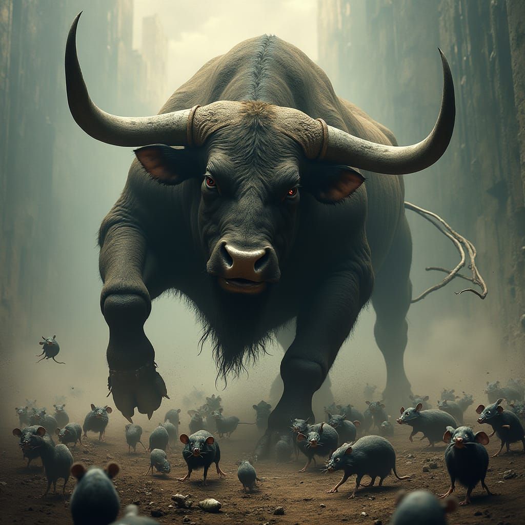 Mighty Bull Fights Off Swarming Horde of Rats in D... - AI Art