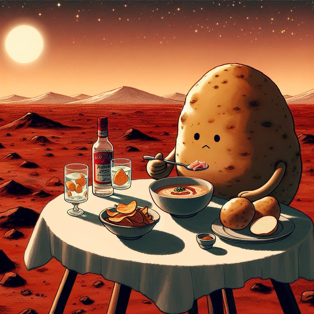 Mr Potato on mars, eating potato and crispy bacon soup with shots of ...