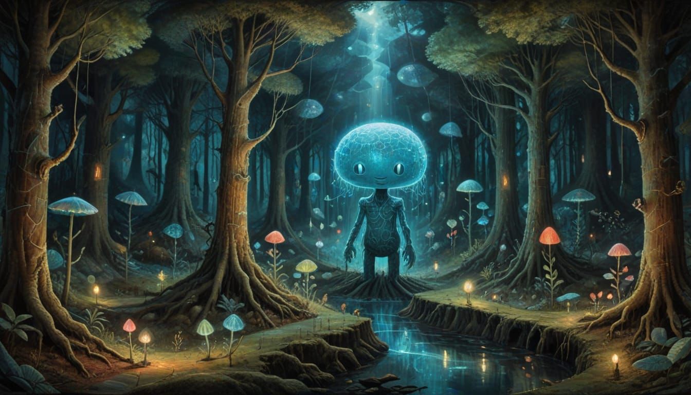 "Mythical creature in an underground bioluminescent forest, luminous ...