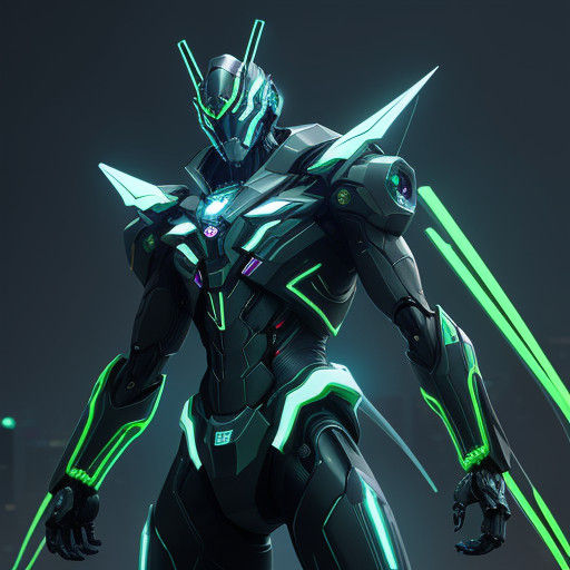 Glowing Cyberpunk Mecha Were-Mantis in Neon-Lit Ci... - AI Art